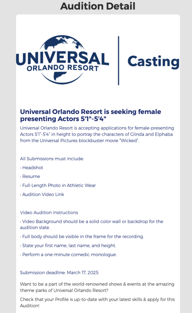 Universal Orlando Casting for Glinda and Elphaba from ‘Wicked’ | Chip and Company